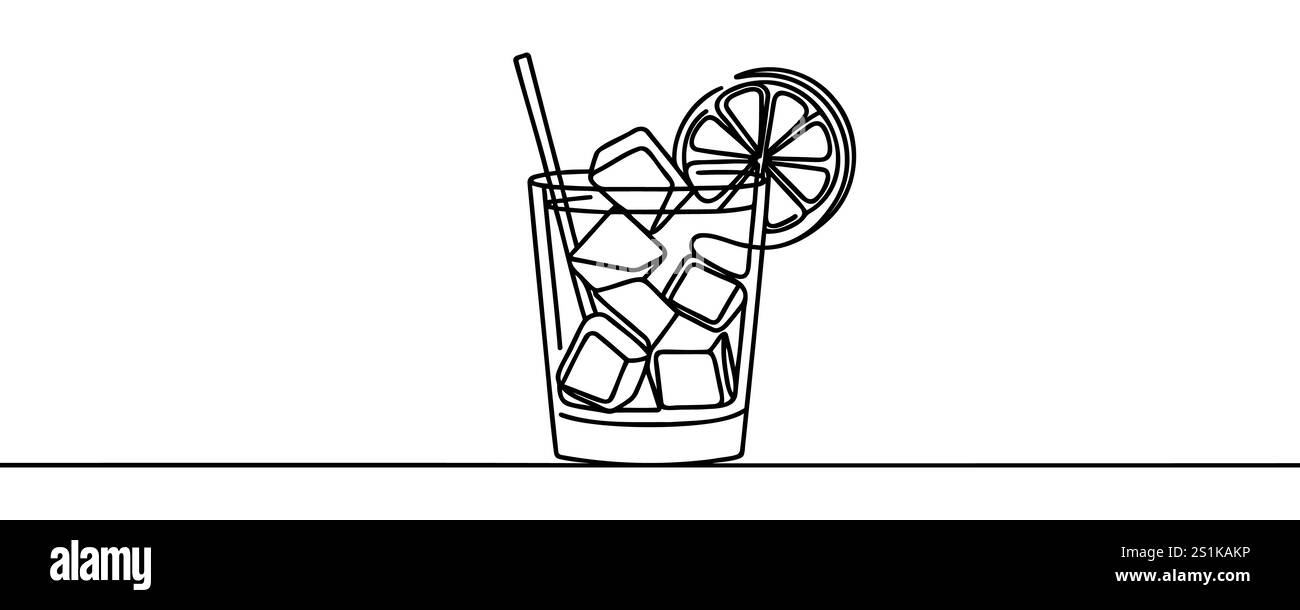 Continuous one line drawing of Glass of lemonade, or cocktail with ...