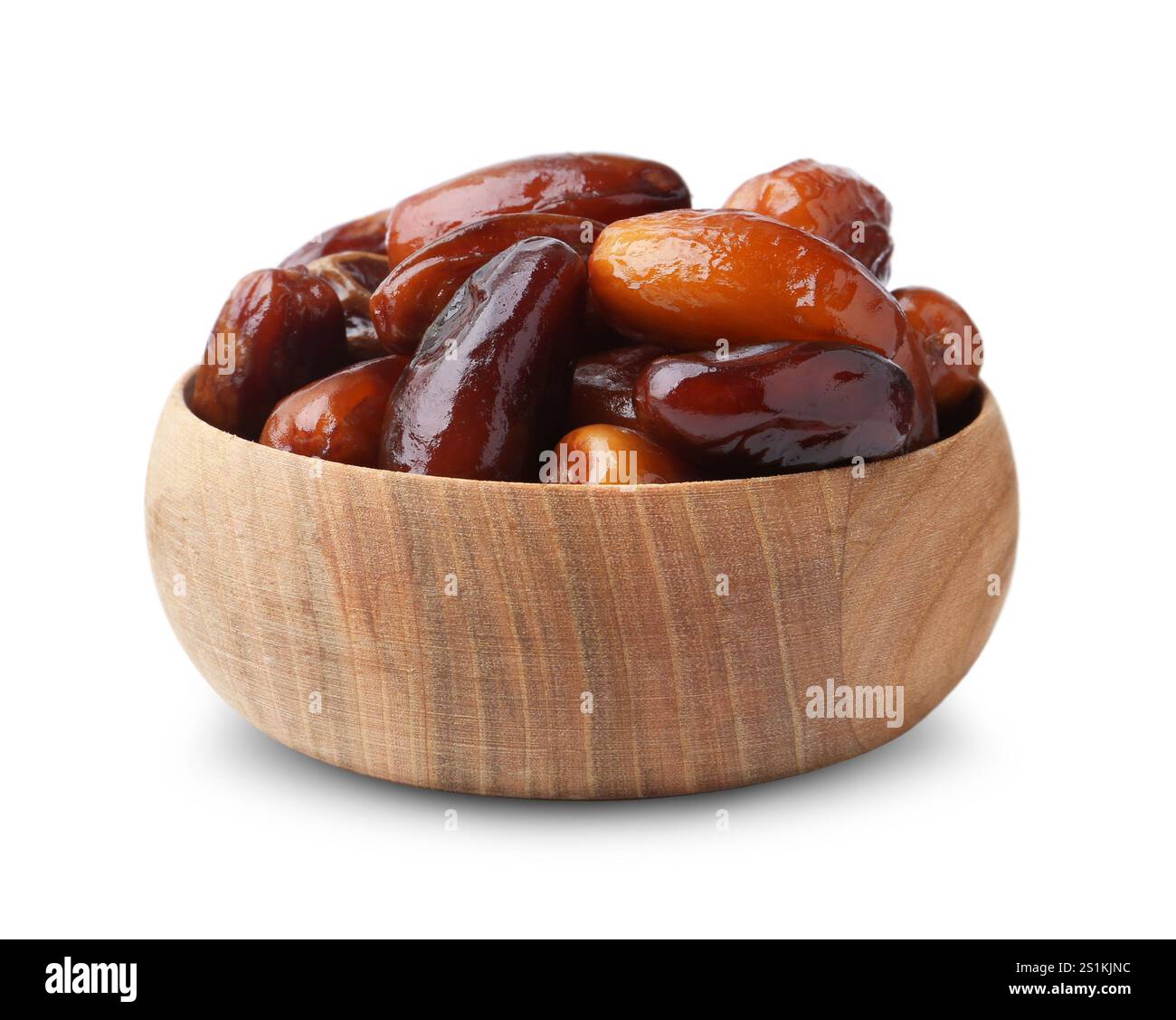 Tasty sweet dried dates in wooden bowl isolated on white Stock Photo ...
