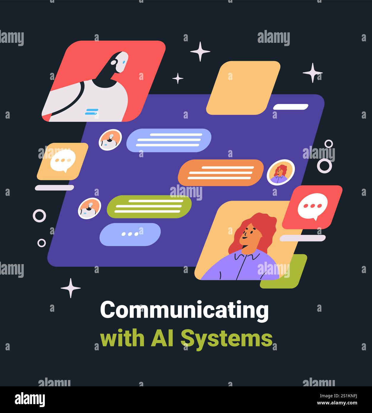 Communicating with AI Systems chatbot interaction colorful vibrant dark ...