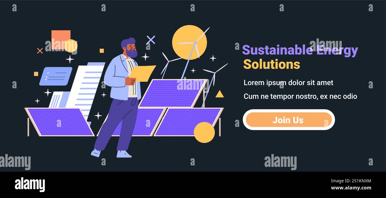 Sustainable energy solutions man with solar panels wind turbines dark ...