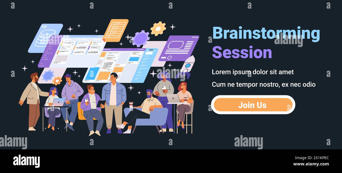 Brainstorming session team collaboration business meeting. Diverse ...