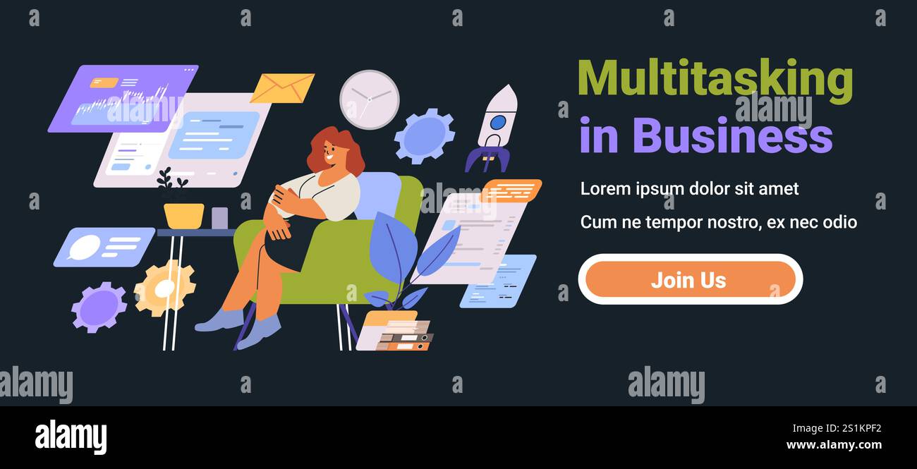 Businesswoman multitasking with various digital tools and elements ...