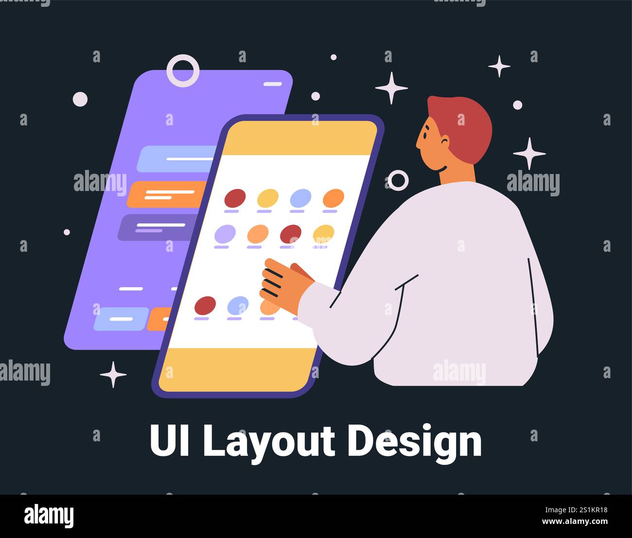 UI layout design concept man interacting with mobile application screens dark background ...