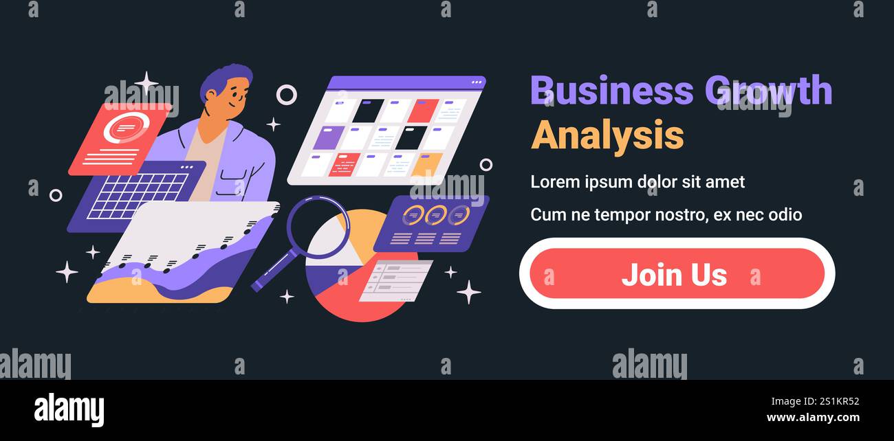 Business Growth Analysis man with charts graphs magnifying glass and ...