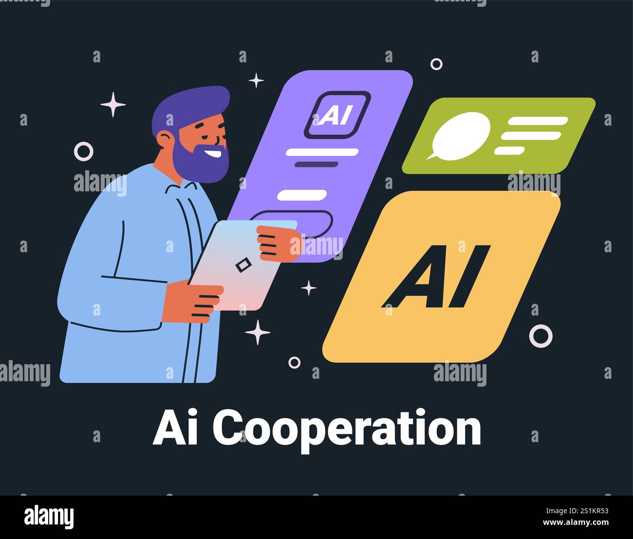 AI cooperation business concept illustration man using tablet colorful ...