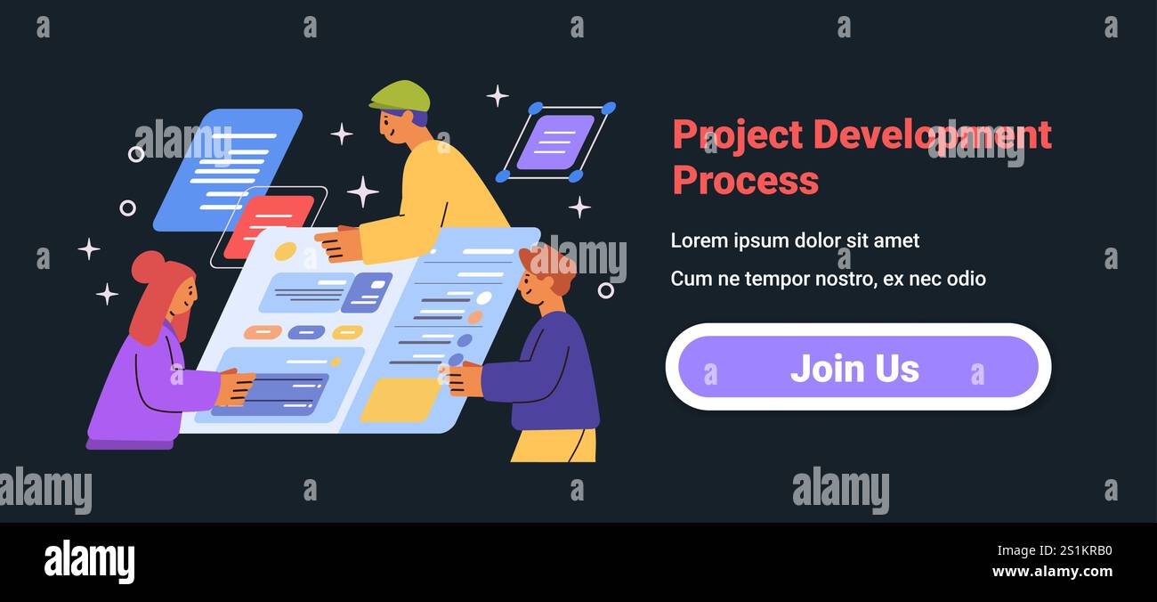 Project development process teamwork concept colorful characters collaborating on digital ...