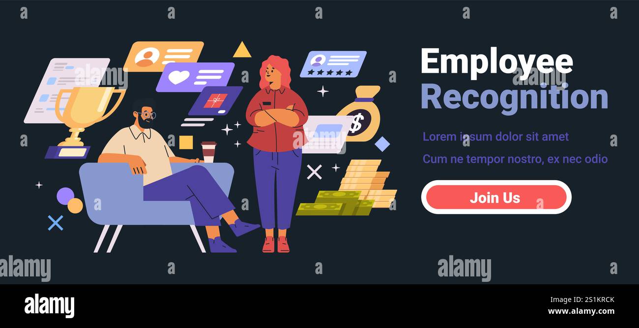 Employee recognition concept with two characters trophy money and icons ...