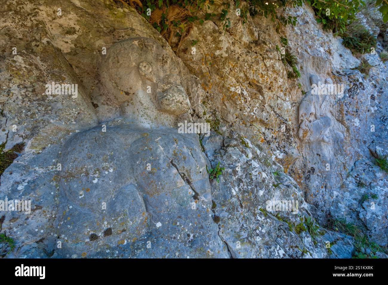 Handmade rock sculpture of human face integrated into natural ...