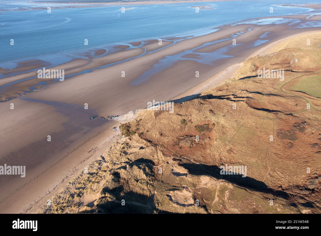 Aerial view of Prissen's Tor, Hill Tor and Whiteford Sands, Gower ...