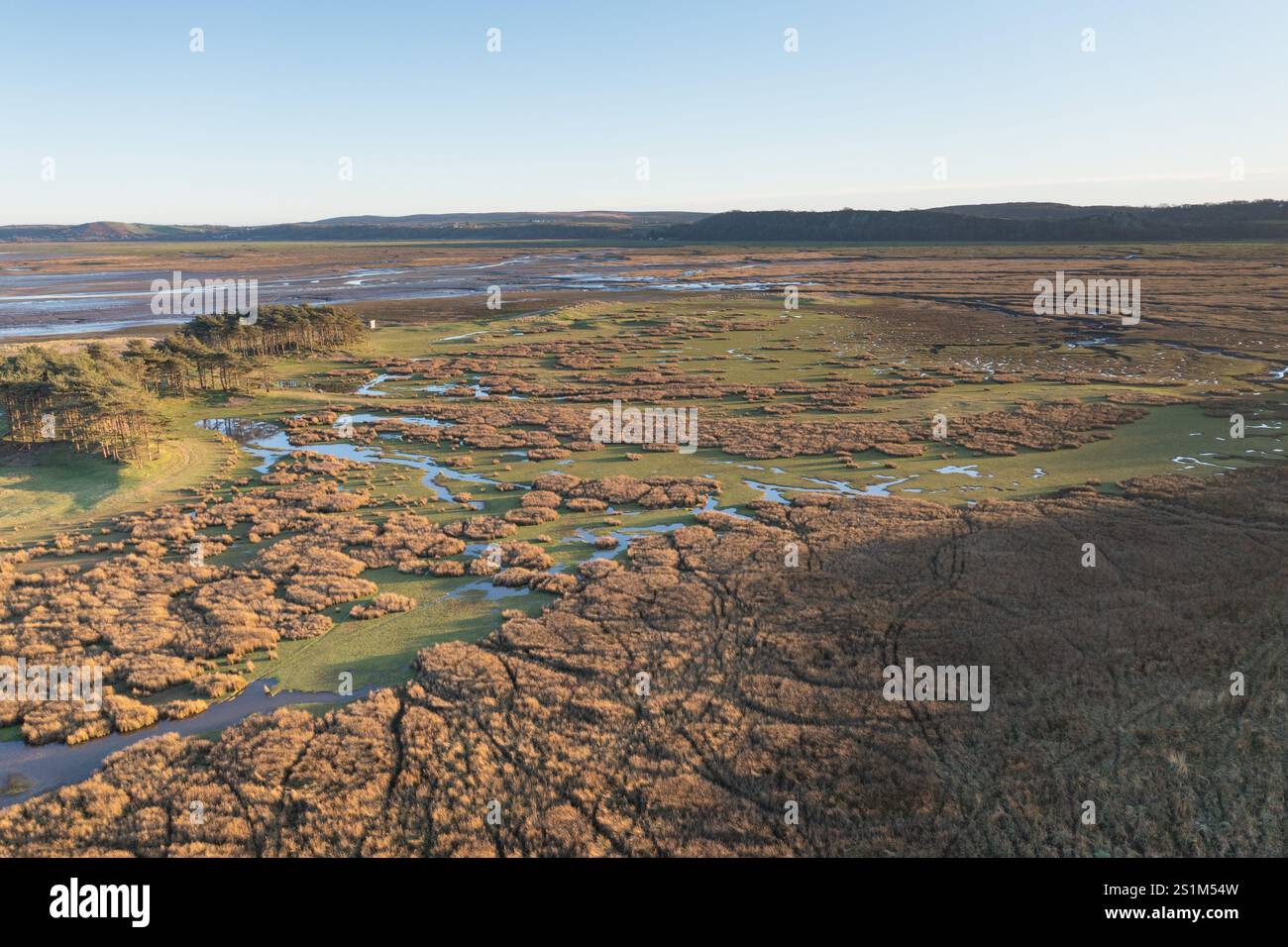 Aerial view of Whiteford Point, saltmarsh and Burry Pill estuary ...