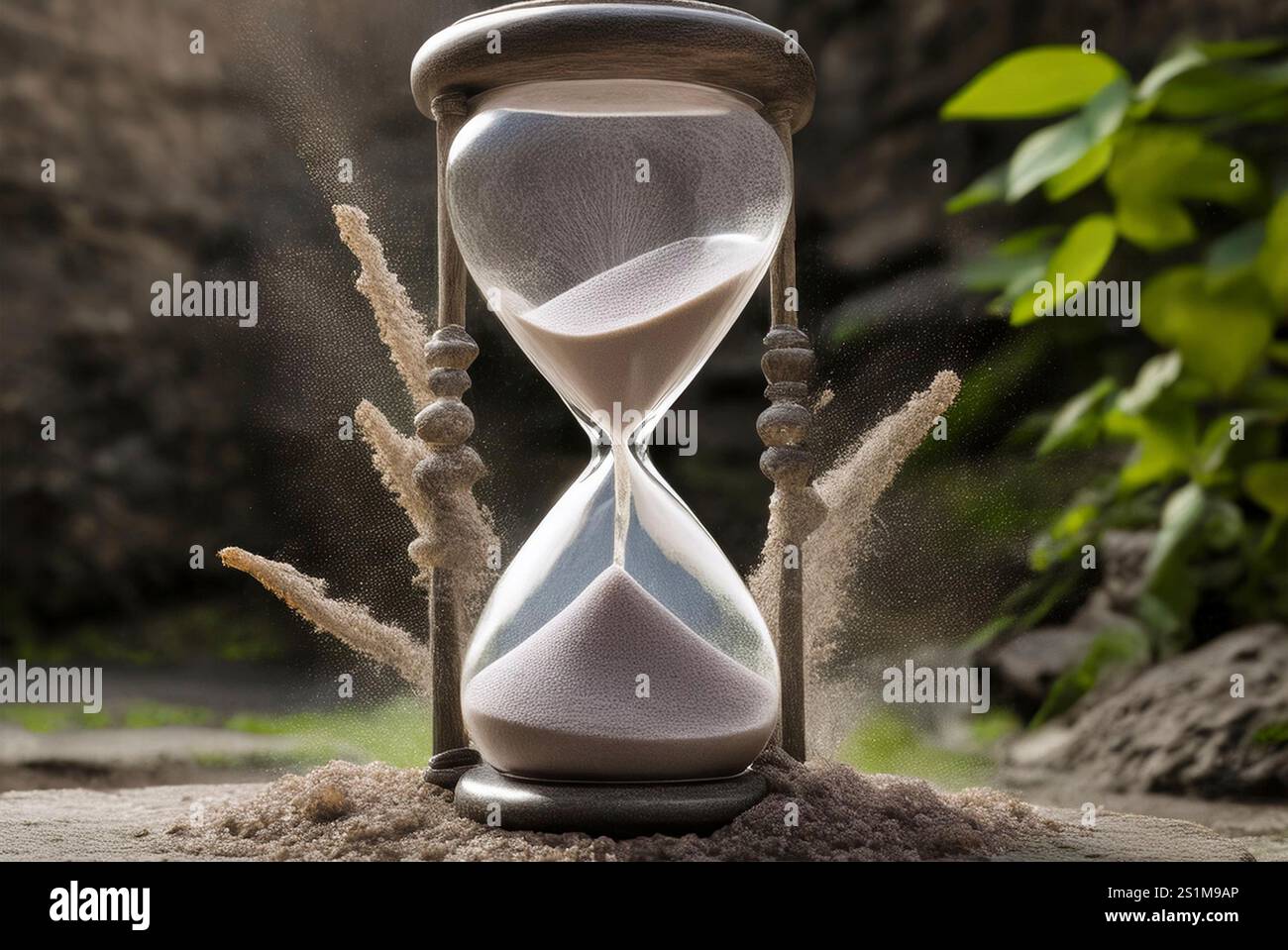 THEORY OF TIME: Sand explodes outwardly from an hourglass Stock Photo ...