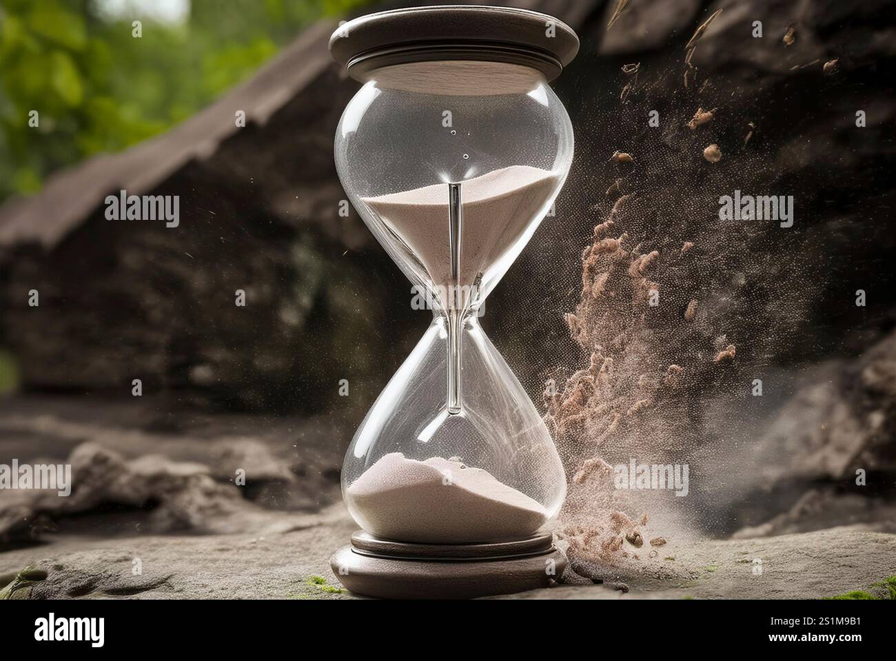 THEORY OF TIME: Sand explodes outwardly from an hourglass Stock Photo ...