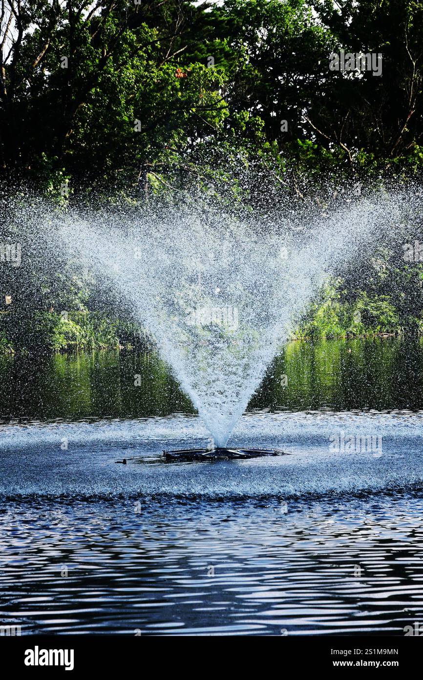 SUN SHOWER: A sprinkler system in the middle of a pond in Rahway park ...
