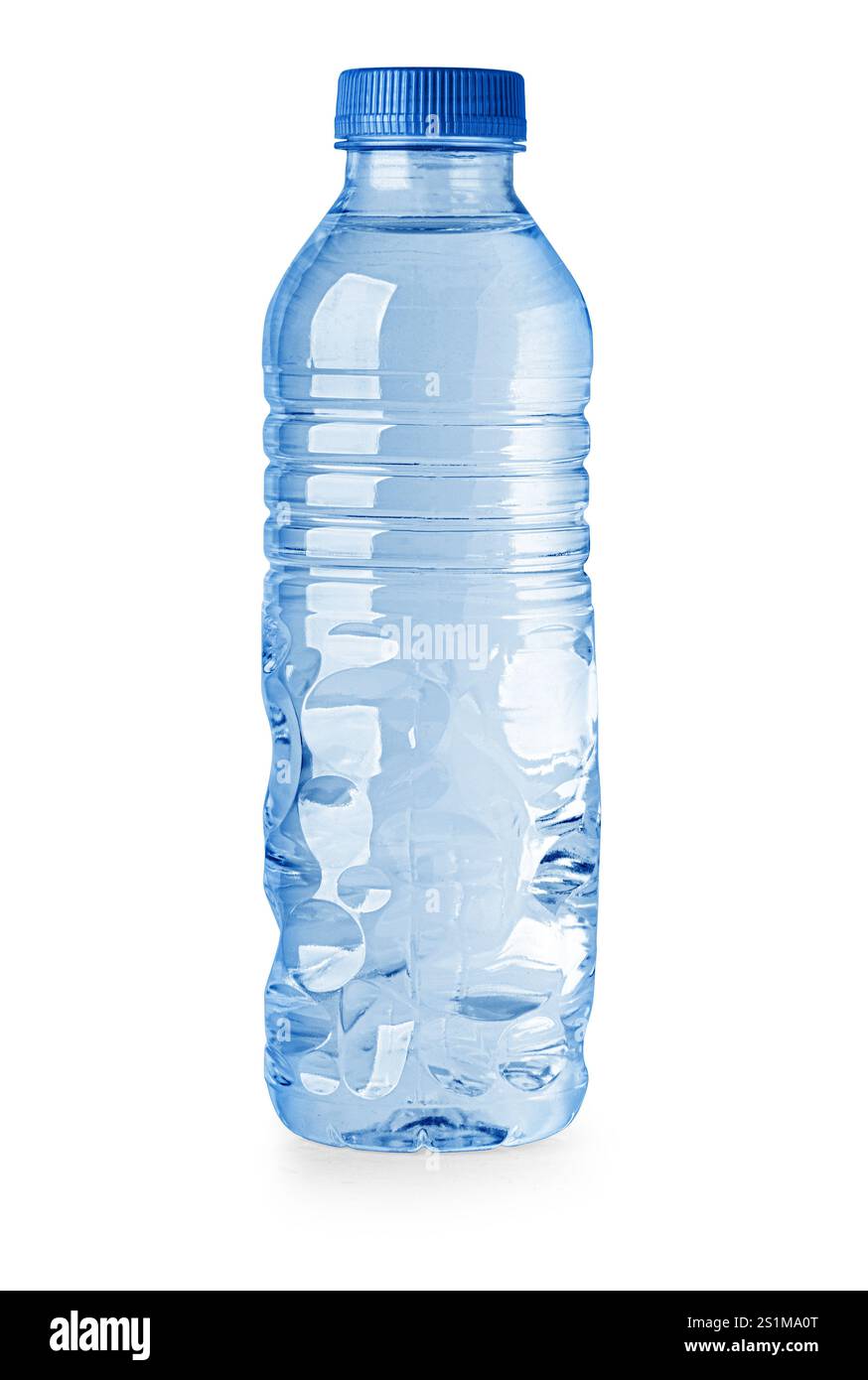 Blue plastic small water bottle isolated on white background with ...