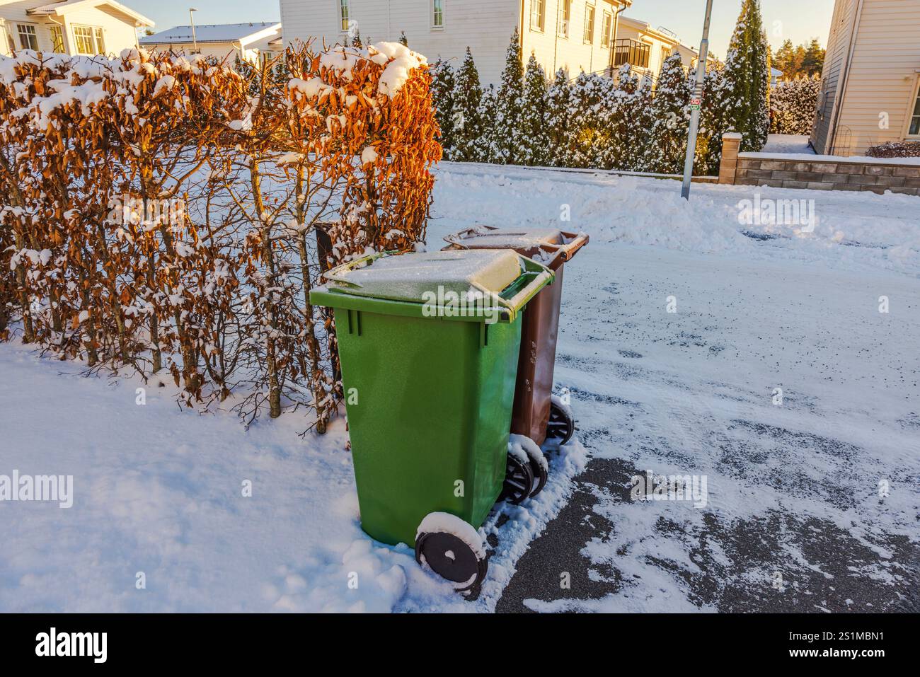 Green and brown garbage bins for sorting waste stand next to snow ...