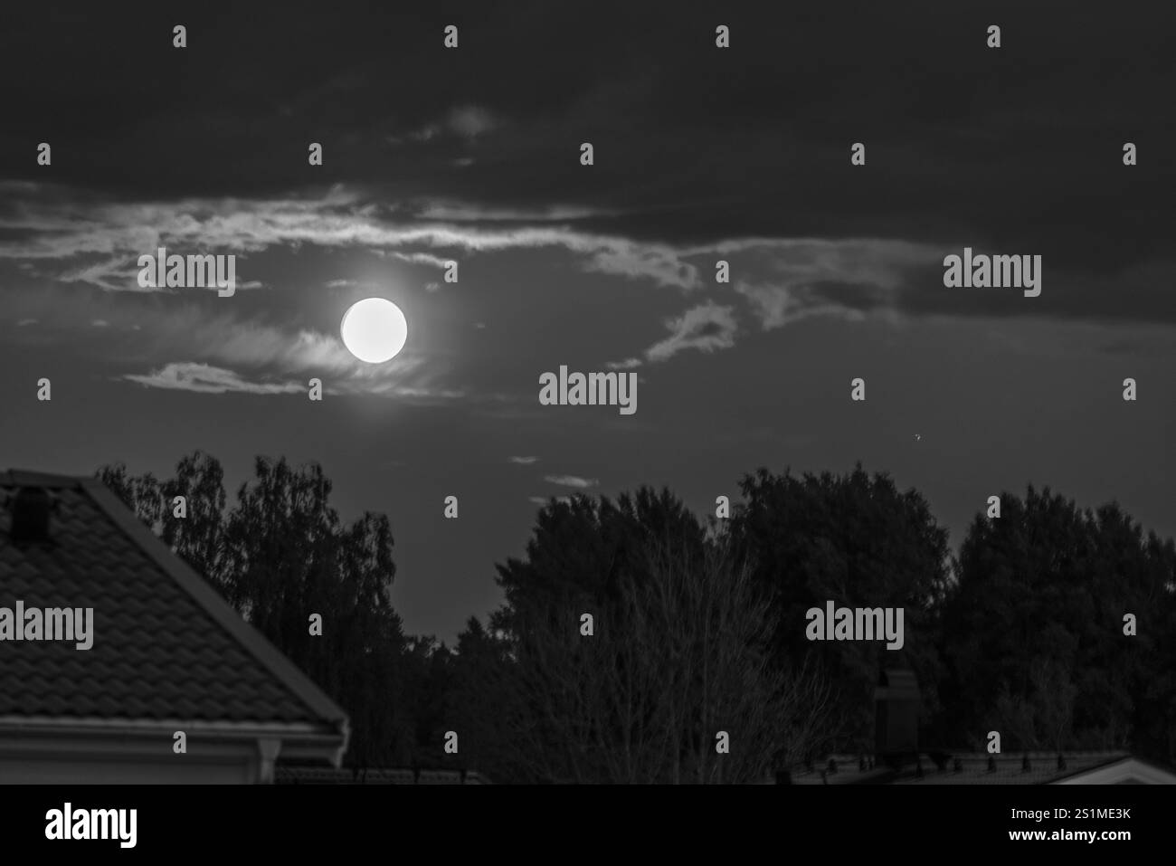 Full moon illuminating cloudy night sky above silhouetted trees and ...