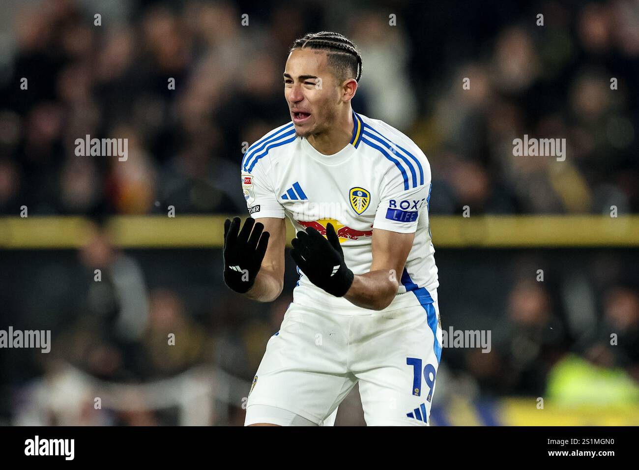 Hull, UK. 04th Jan, 2025. A dejected Mateo Joseph of Leeds United ...