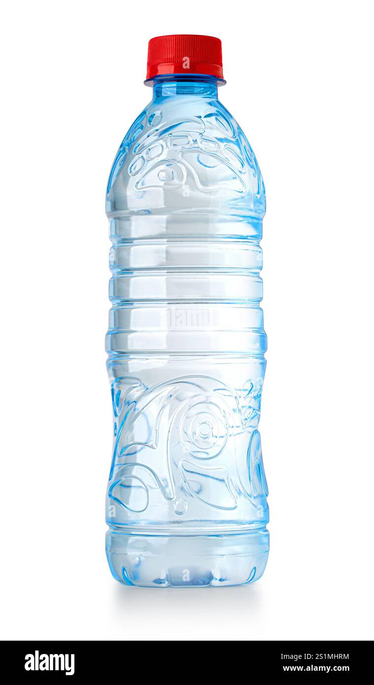 Blue plastic small water bottle isolated on white background with ...