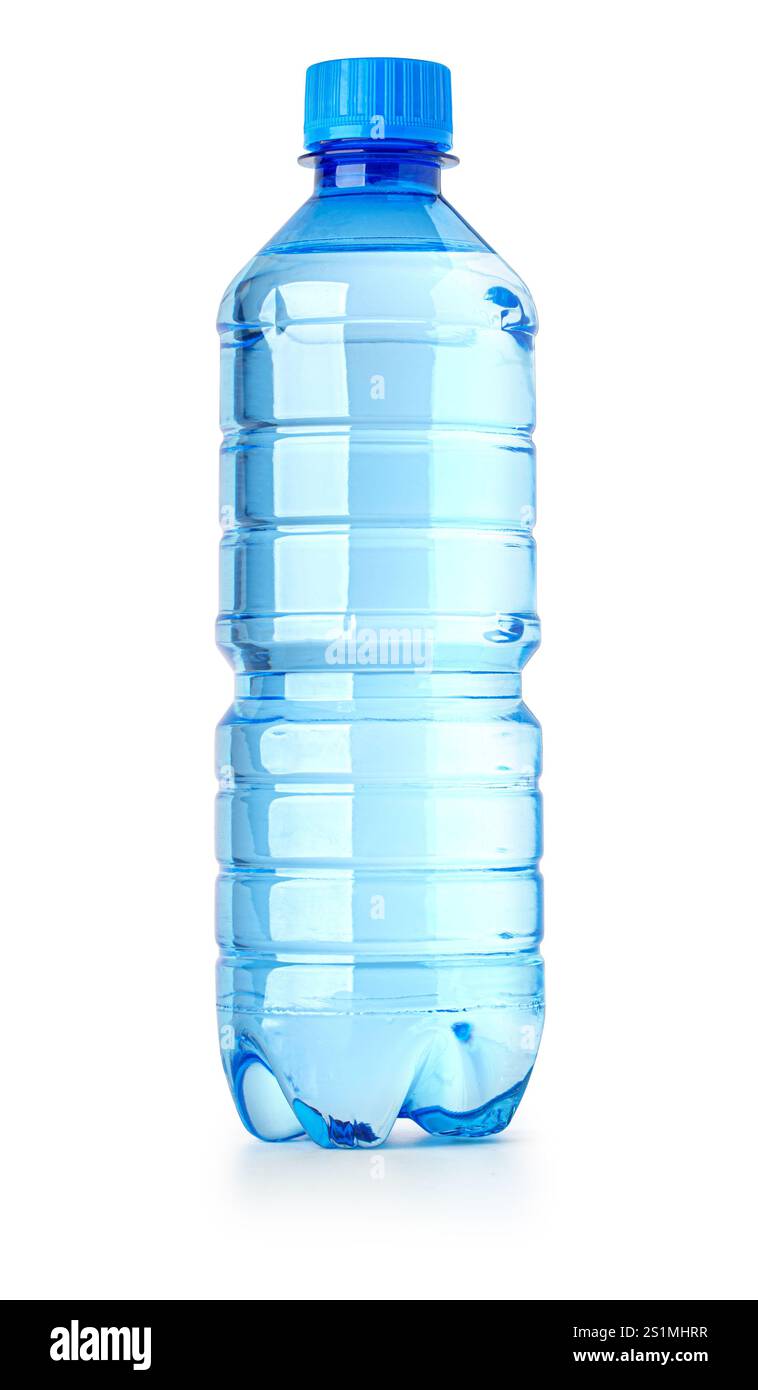 Blue plastic small water bottle isolated on white background with ...