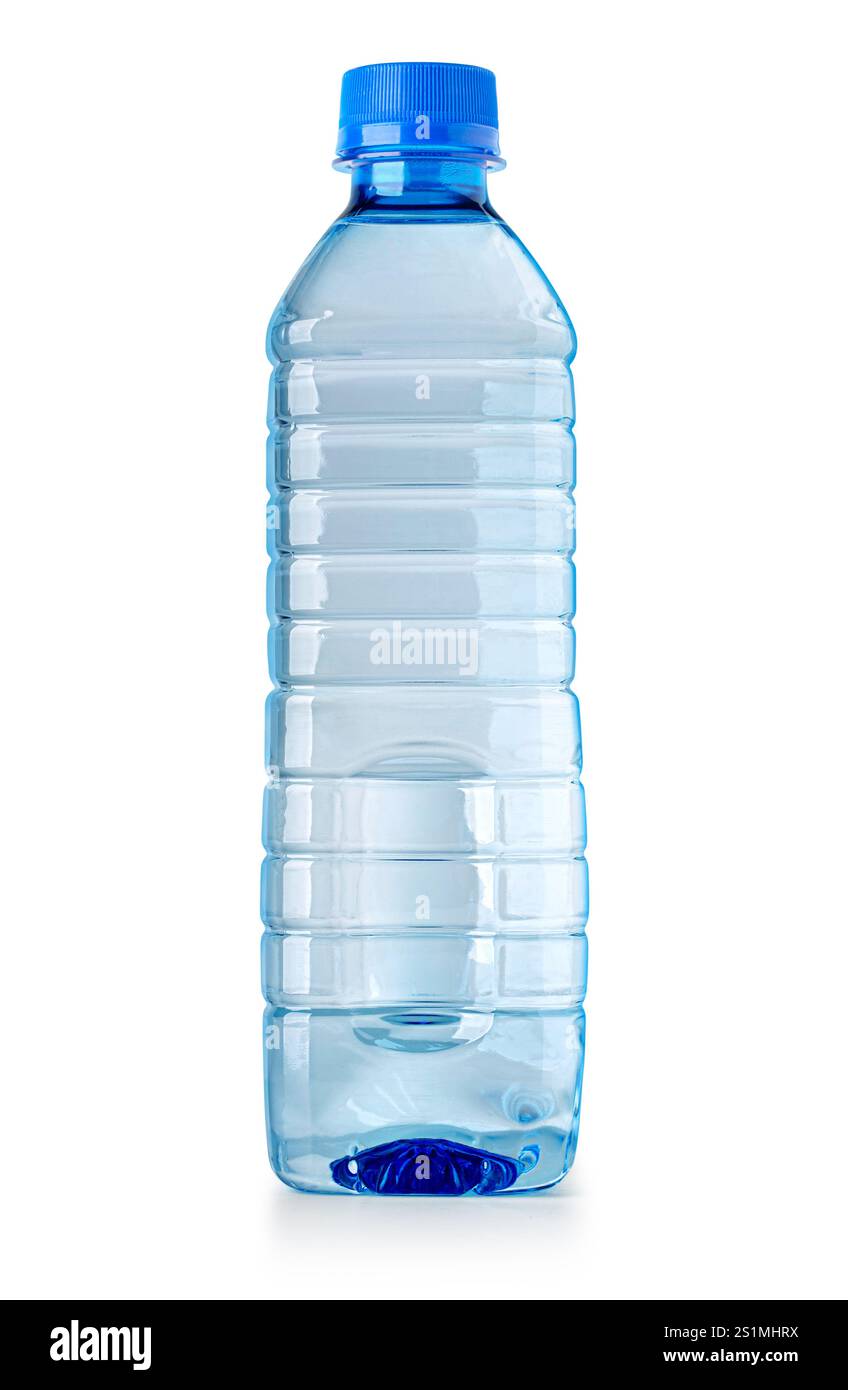 Blue plastic small water bottle isolated on white background with ...
