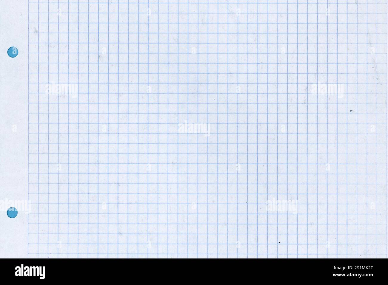 Quad ruled notebook sheet ripped from a spiral binding with a blue ...