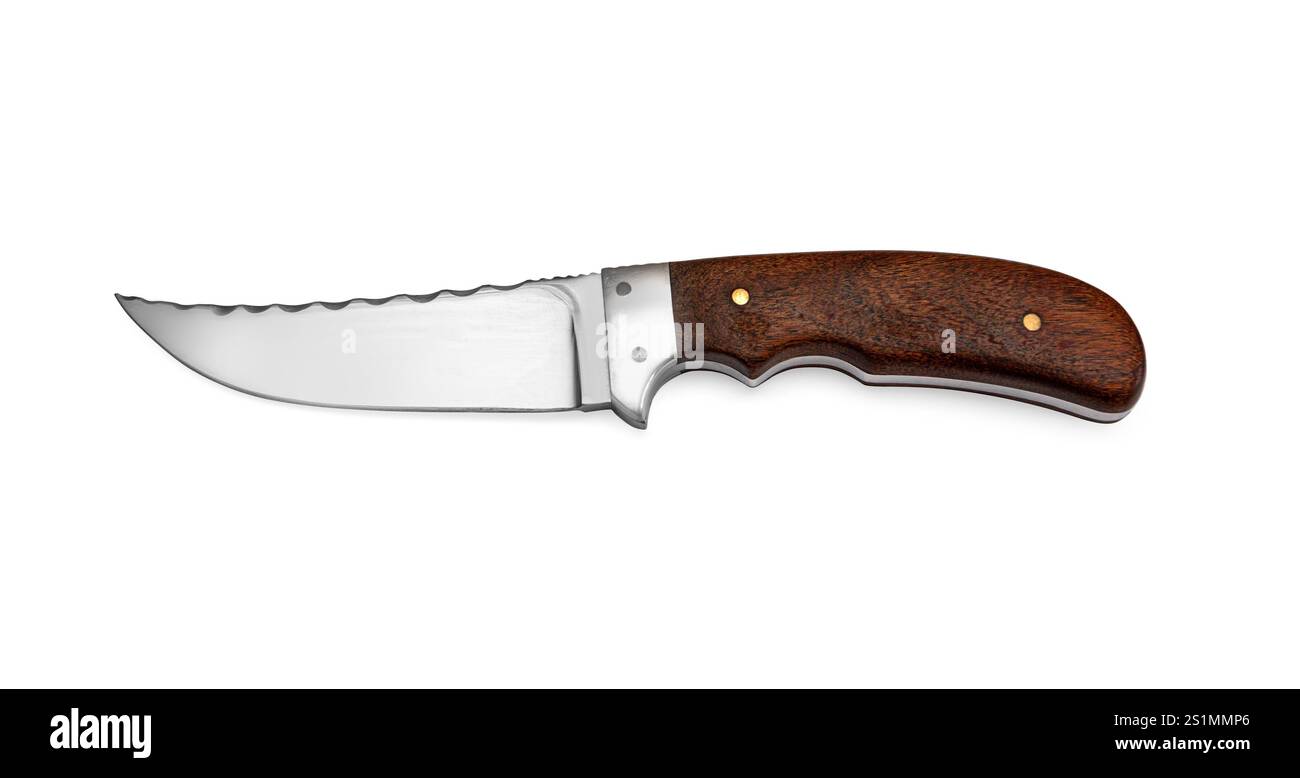 Sharp hunting knife with partially serrated blade and wooden handle ...