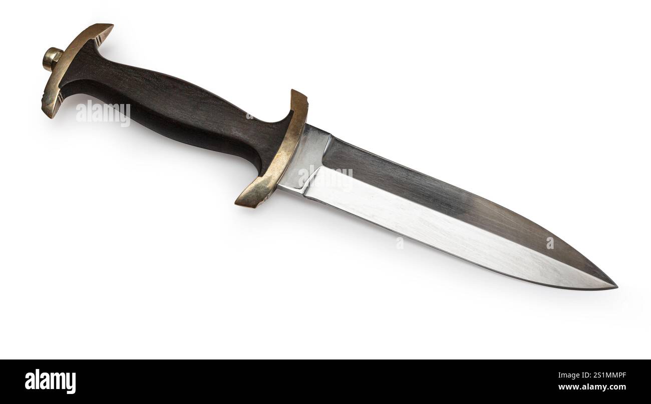 Sharp hunting knife with partially serrated blade and wooden handle ...