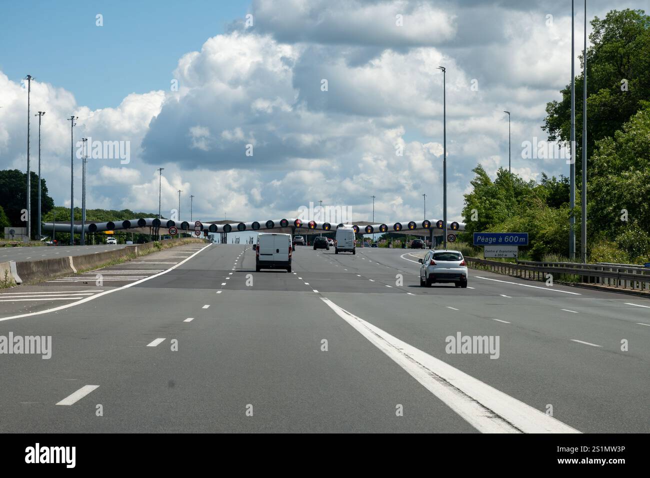 Road signs and directions, driving car in summer on French road ...