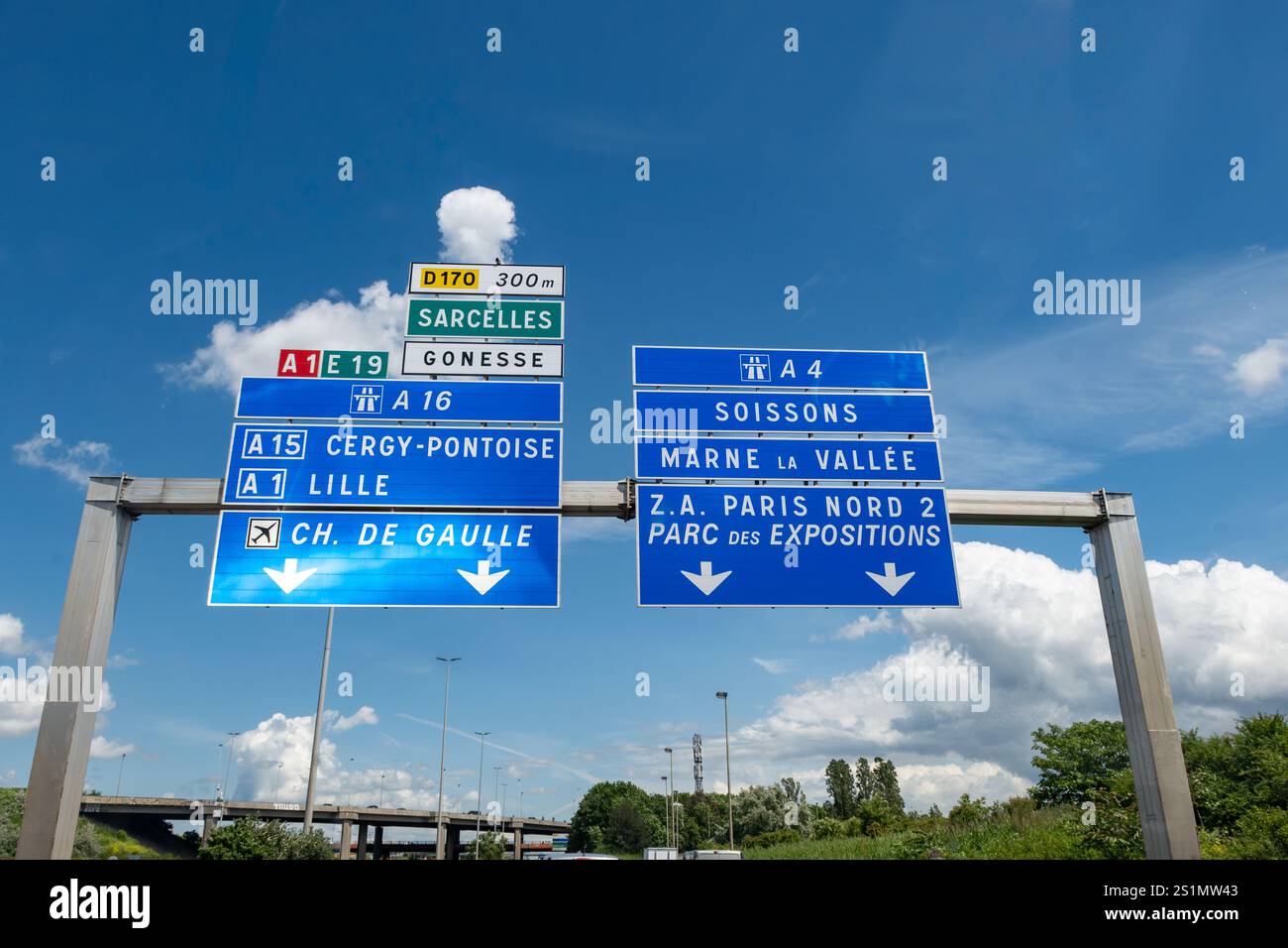 Toll road in France, road signs and directions, driving car in summer ...