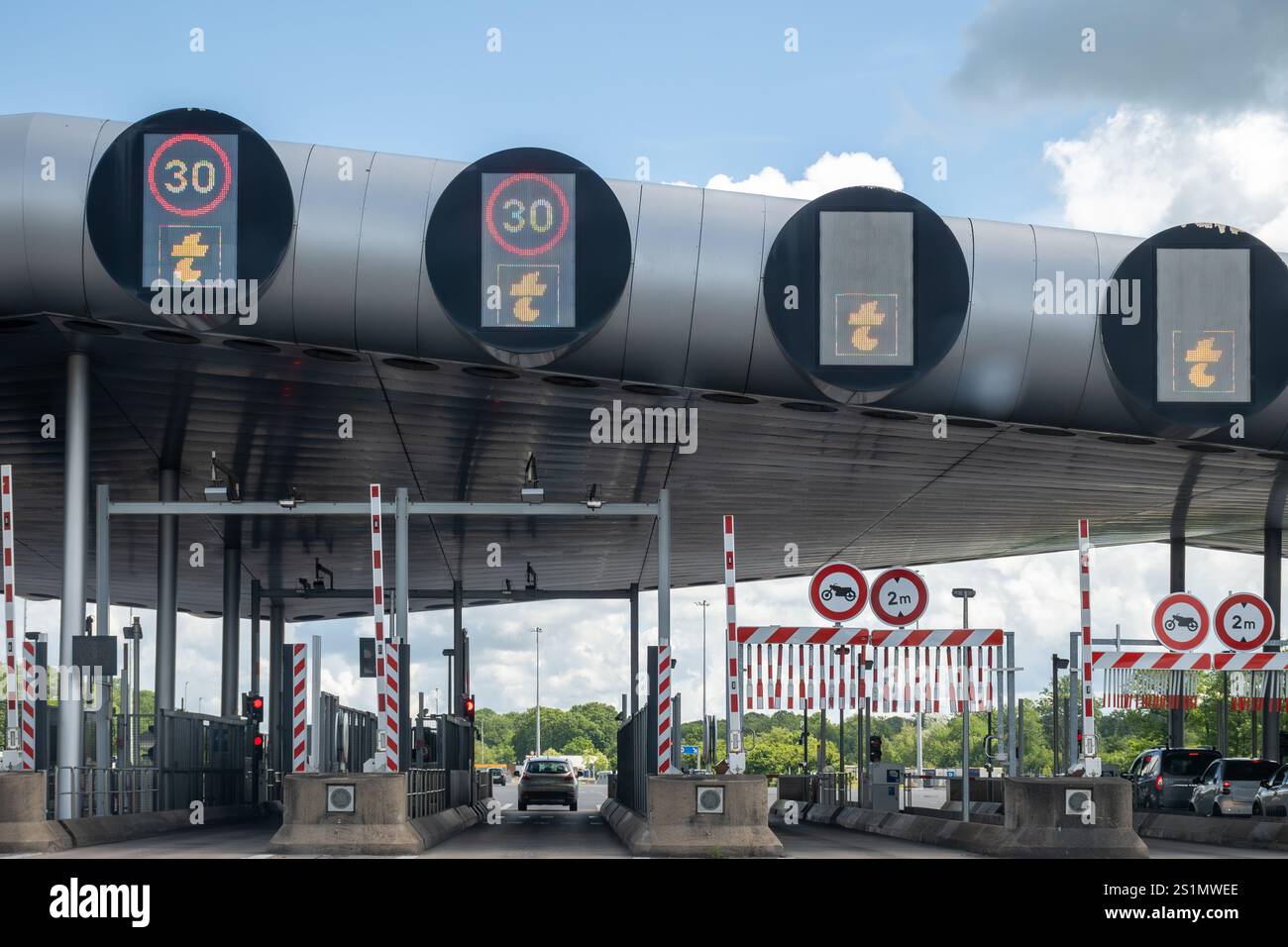 Toll road in France, road signs and directions, driving car in summer ...