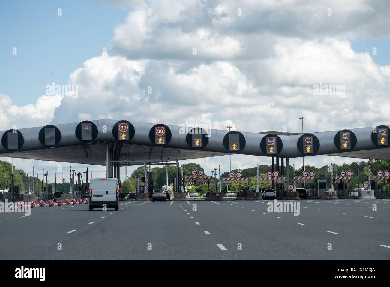 Toll road in France, road signs and directions, driving car in summer ...