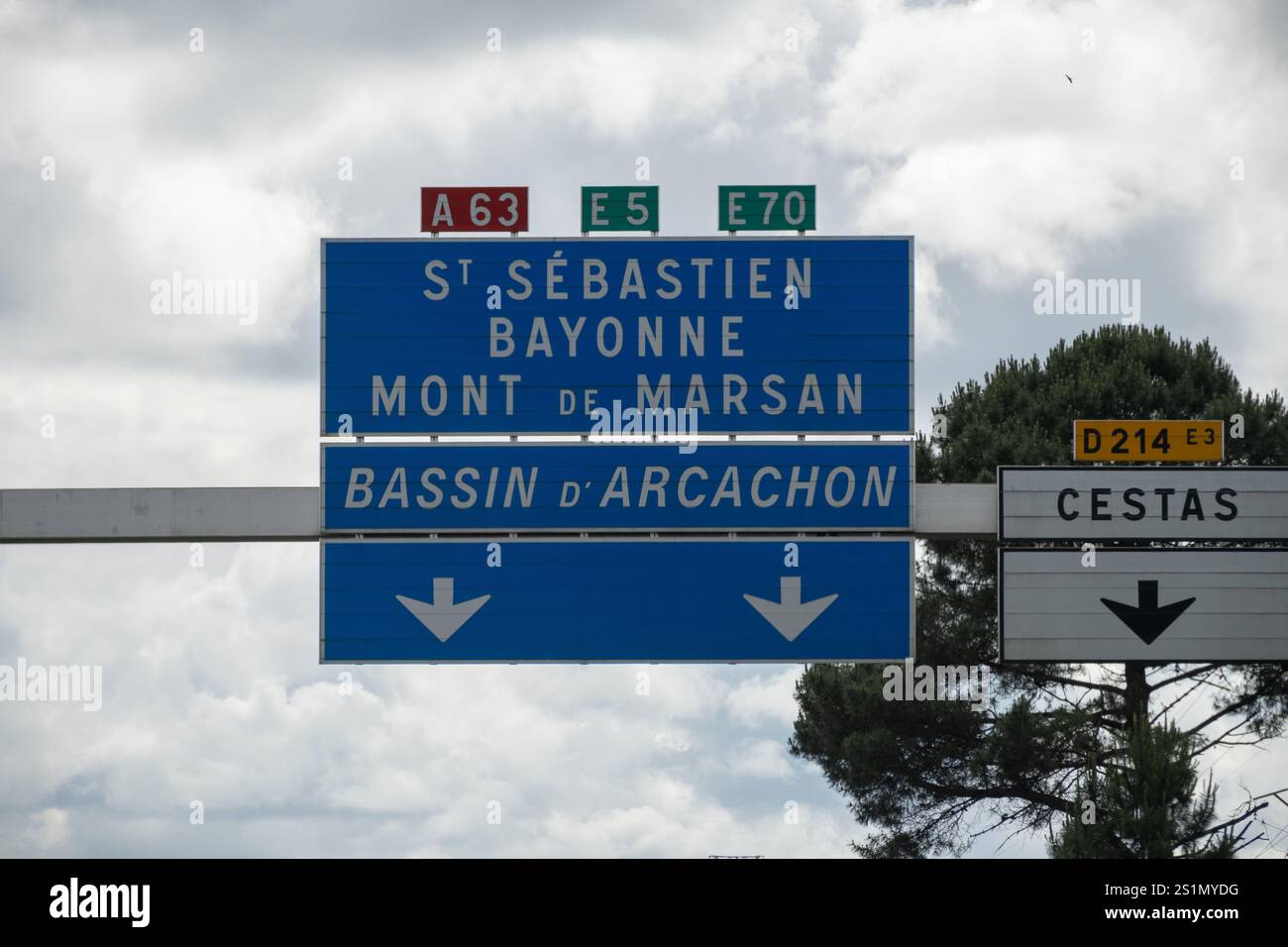 Road signs and directions, driving car in summer on French road ...