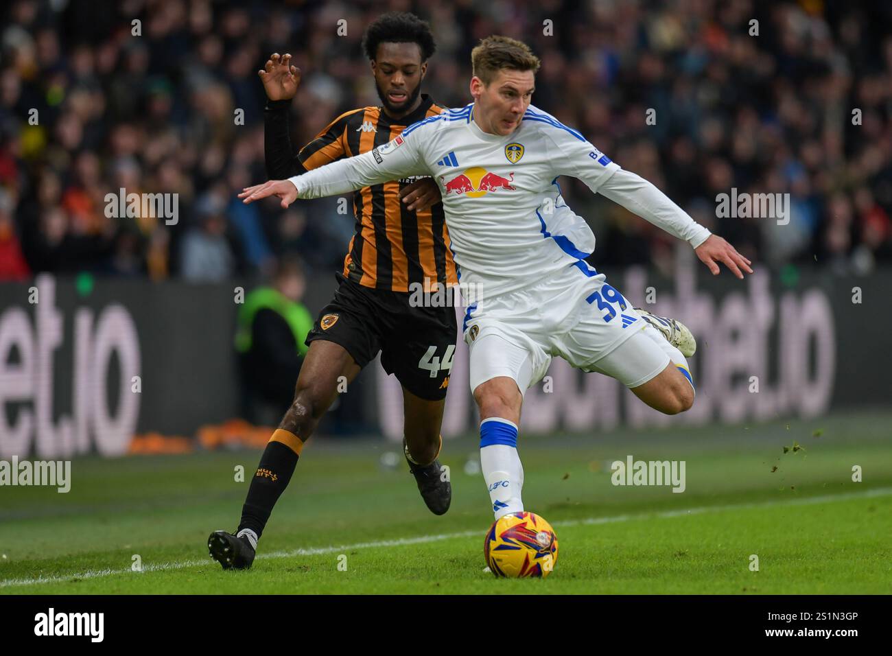 Leeds United's Max Wöber halts Hull City's Abu Kamara run during the ...