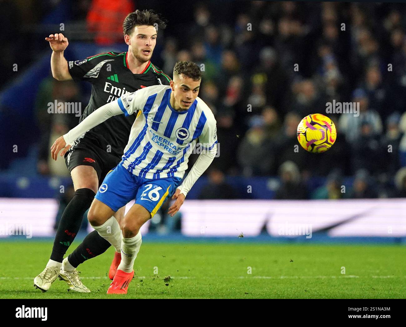Arsenal's Declan Rice (left) and Brighton and Hove Albion's Yasin Ayari ...