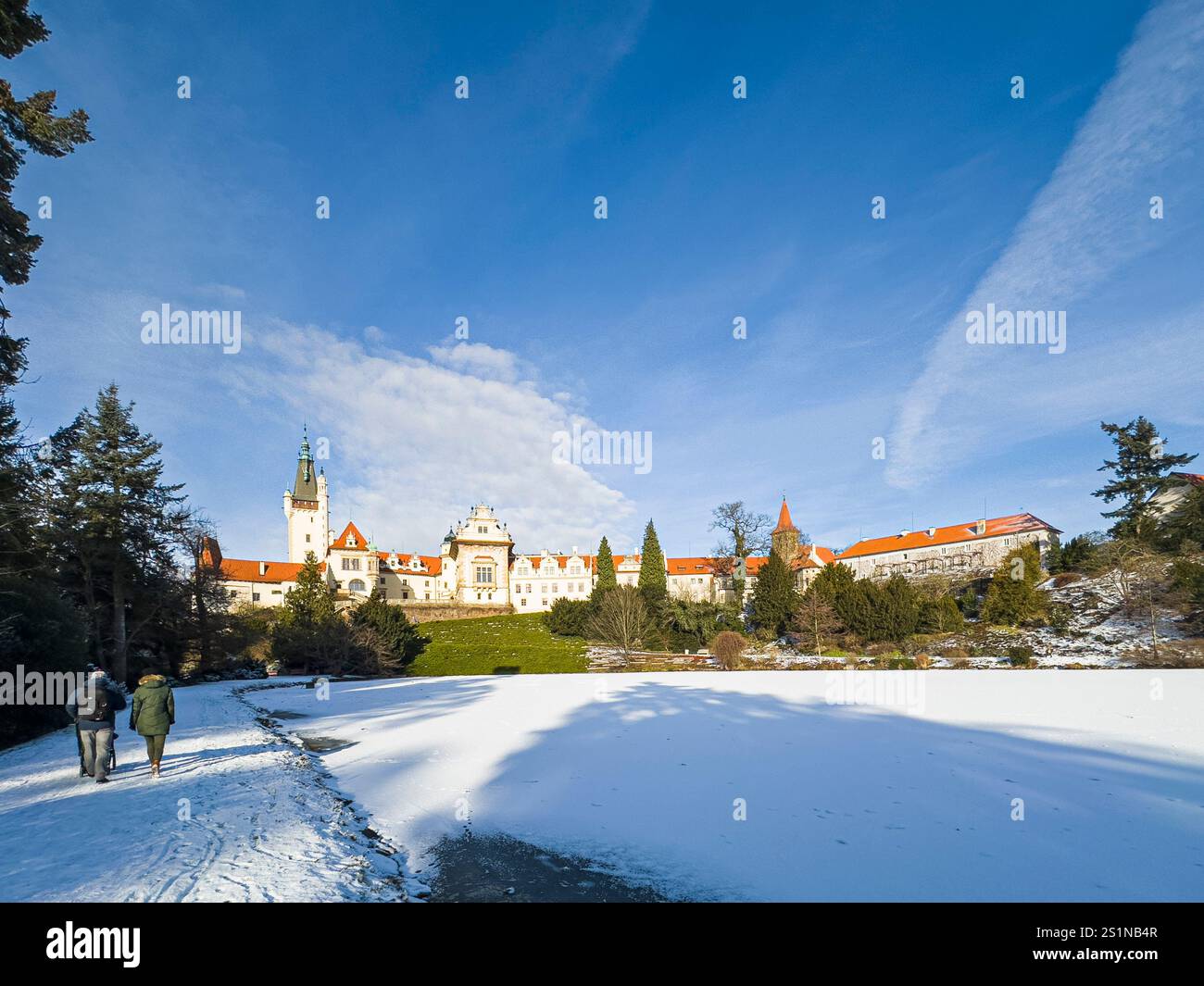 The winter scenery of Pruhonice Castle and the Podzamecky pond in the ...