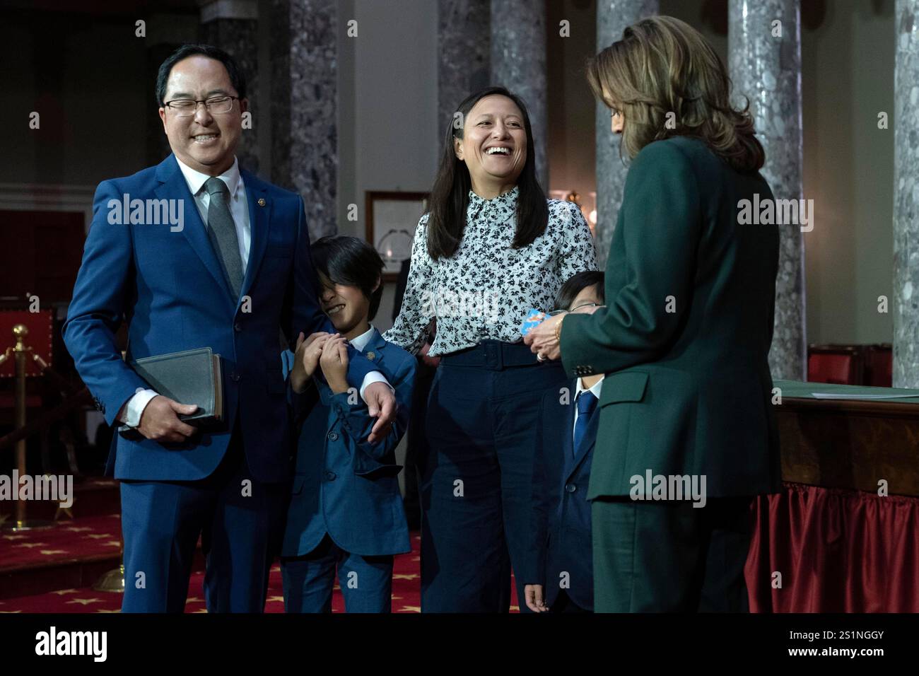 Vice President Kamala Harris, right, speaks with Sen. Andy Kim D-N.J ...
