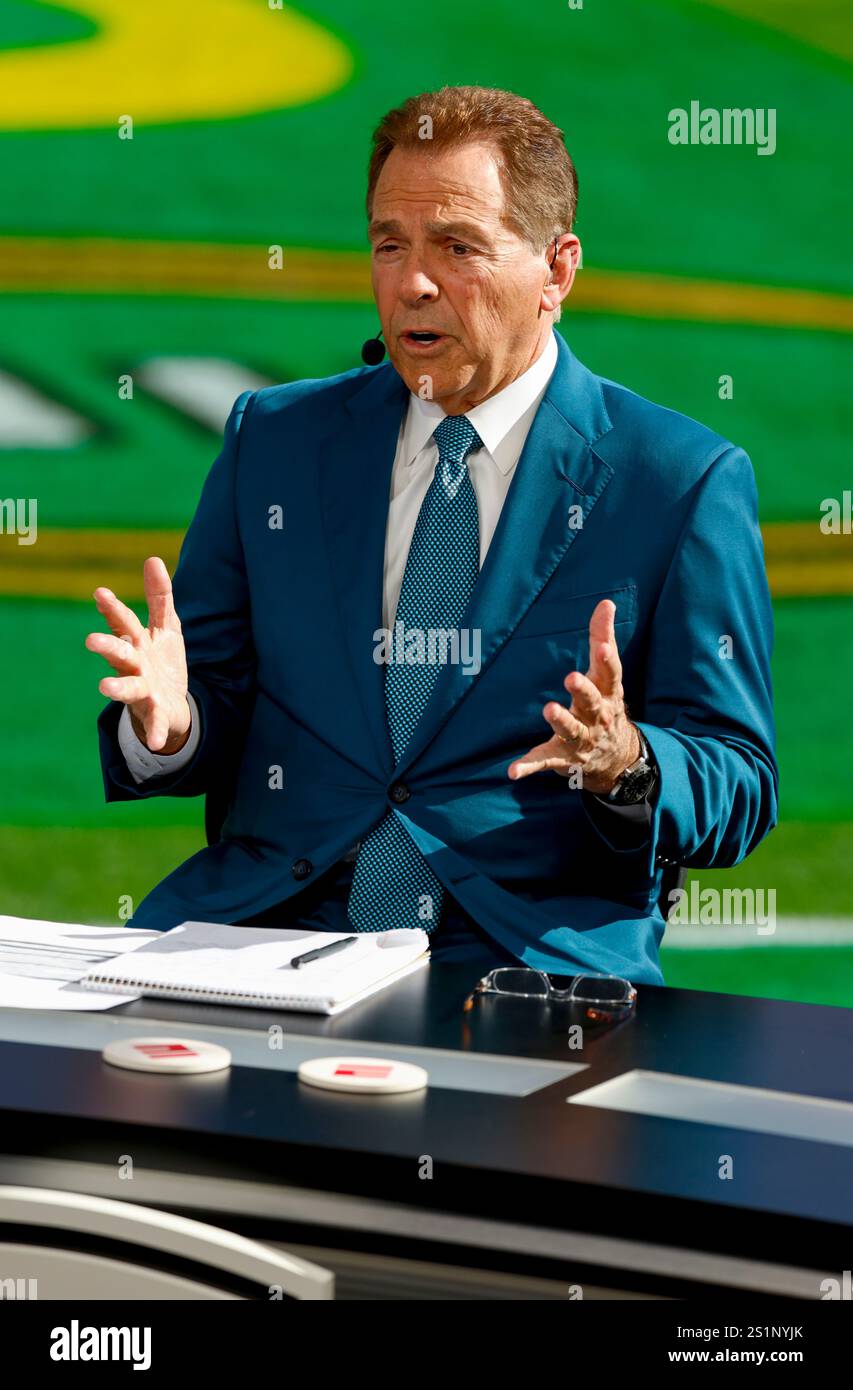 January 01, 2025 Former coach and ESPN commentator Nick Saban on set ...
