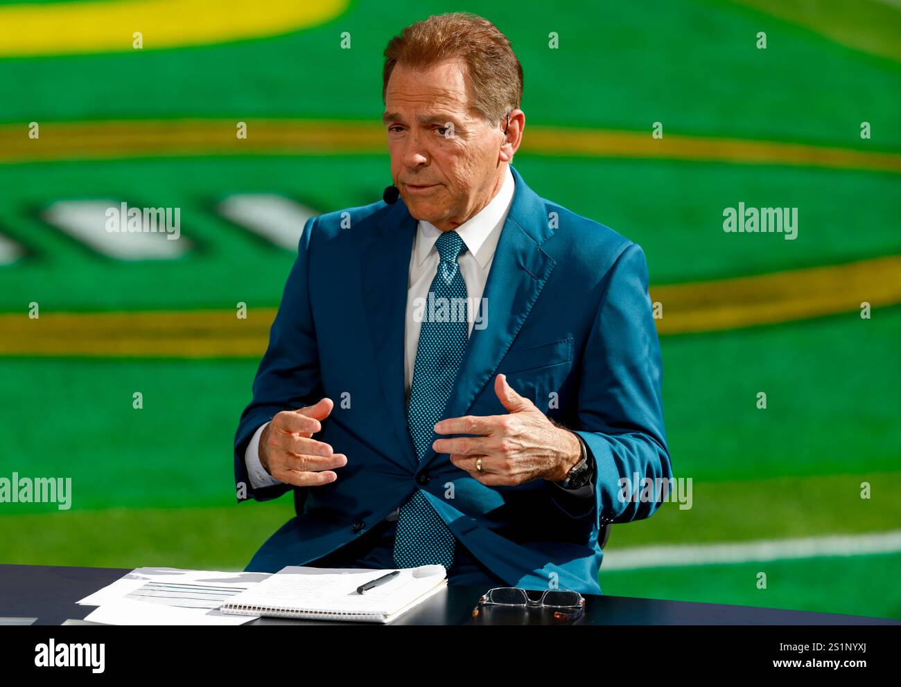 January 01, 2025 Former coach and ESPN commentator Nick Saban on set ...