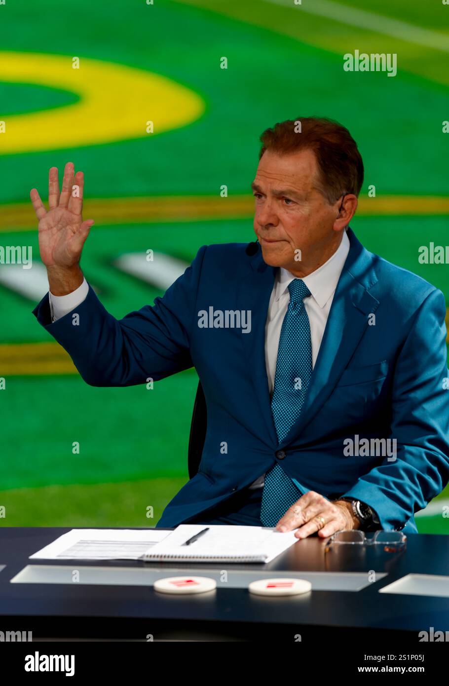 January 01, 2025 Former coach and ESPN commentator Nick Saban on set ...