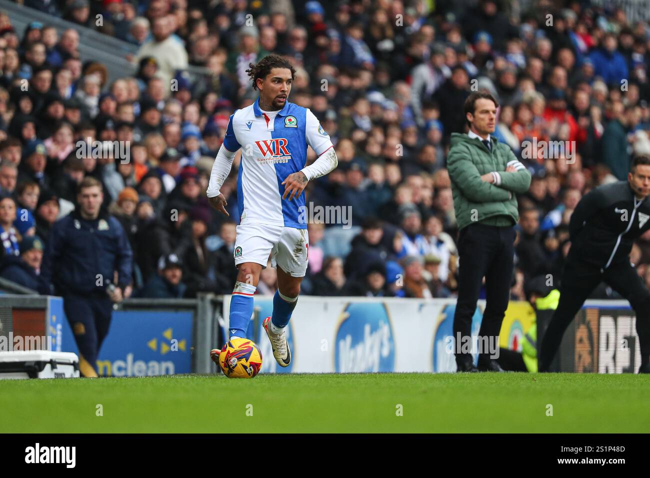 Tyrhys Dolan of Blackburn Rovers dribbling the ball forward during the ...