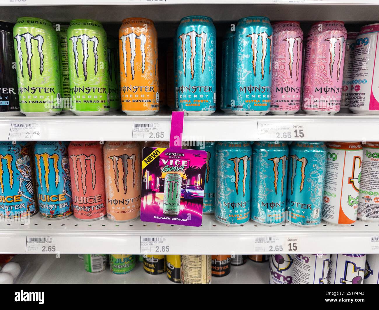 Monster Energy drinks on shelves in a Meijer store in Michigan USA ...