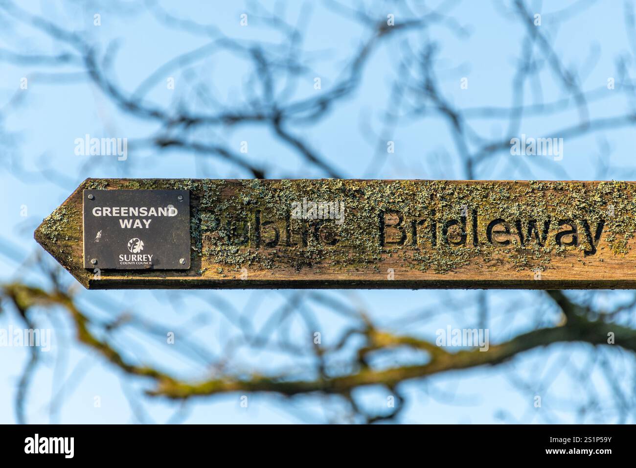 A Greensand Way sign on a public bridleway, Surrey Hills National ...