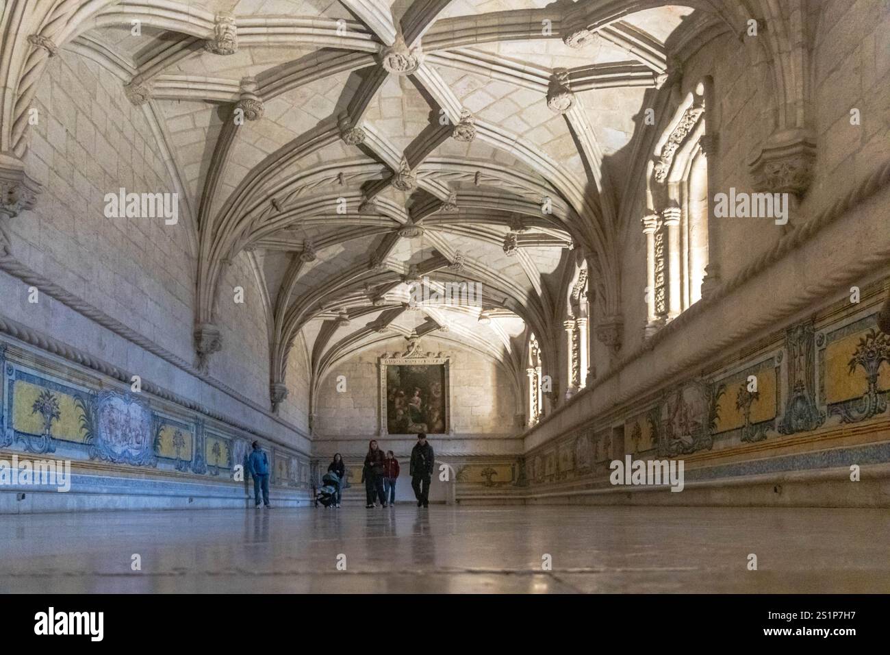 Interior of the Jerónimos Monastery, in Manueline style, with ornate ...