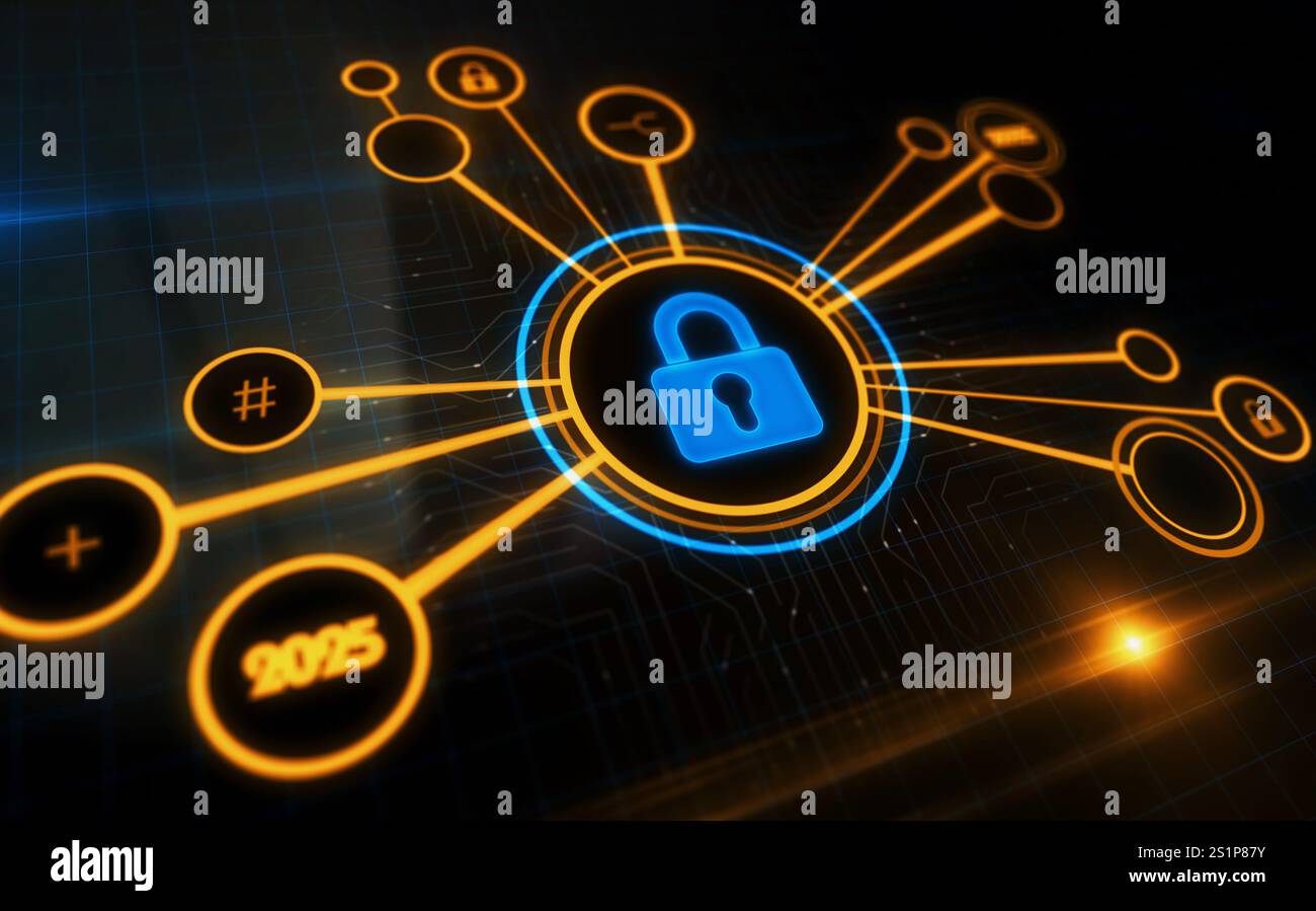 Cyber security and computer data protection with padlock symbol digital concept. Network, cyber ...