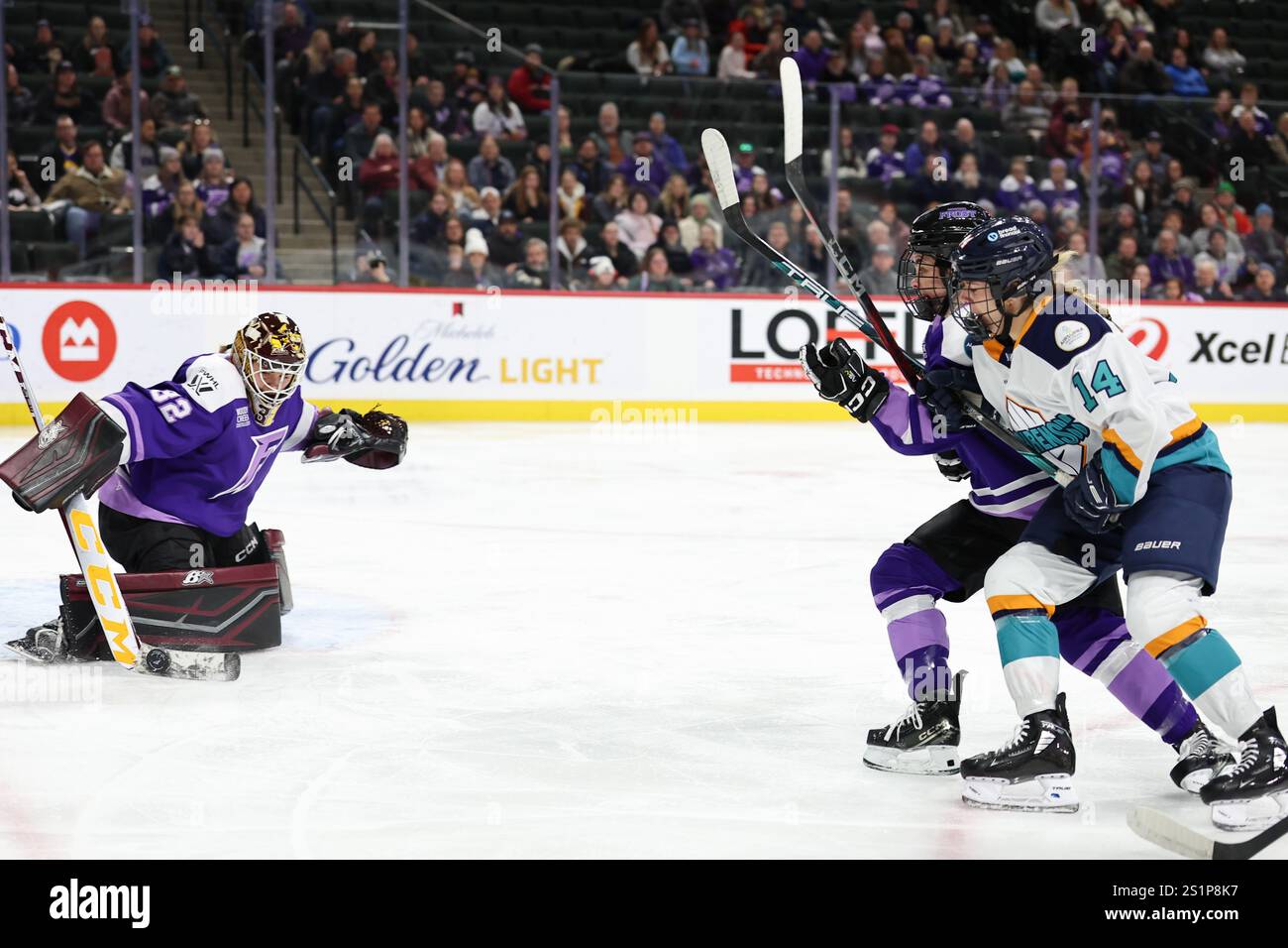 January 4th, 2025: Minnesota Frost goalie Lucy Morgan (32) makes a save ...