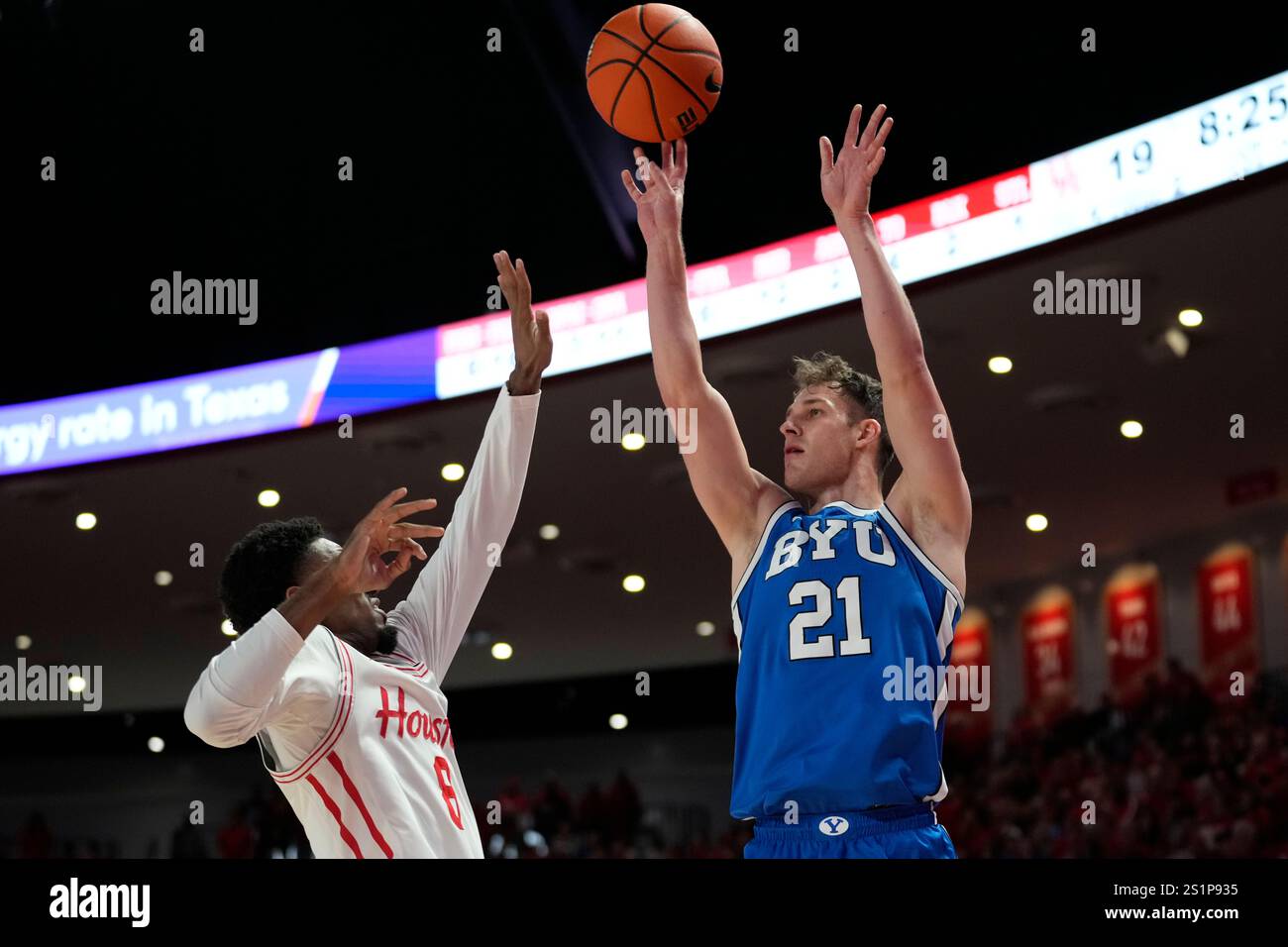 Brigham Young guard Trevin Knell (21) shoots against Houston guard ...
