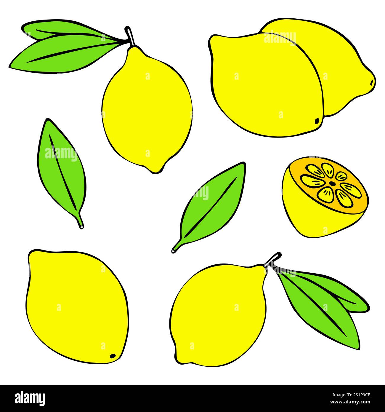 Lemon Bundle. A set of colorful doodle hand-drawn lemons, in a variety ...