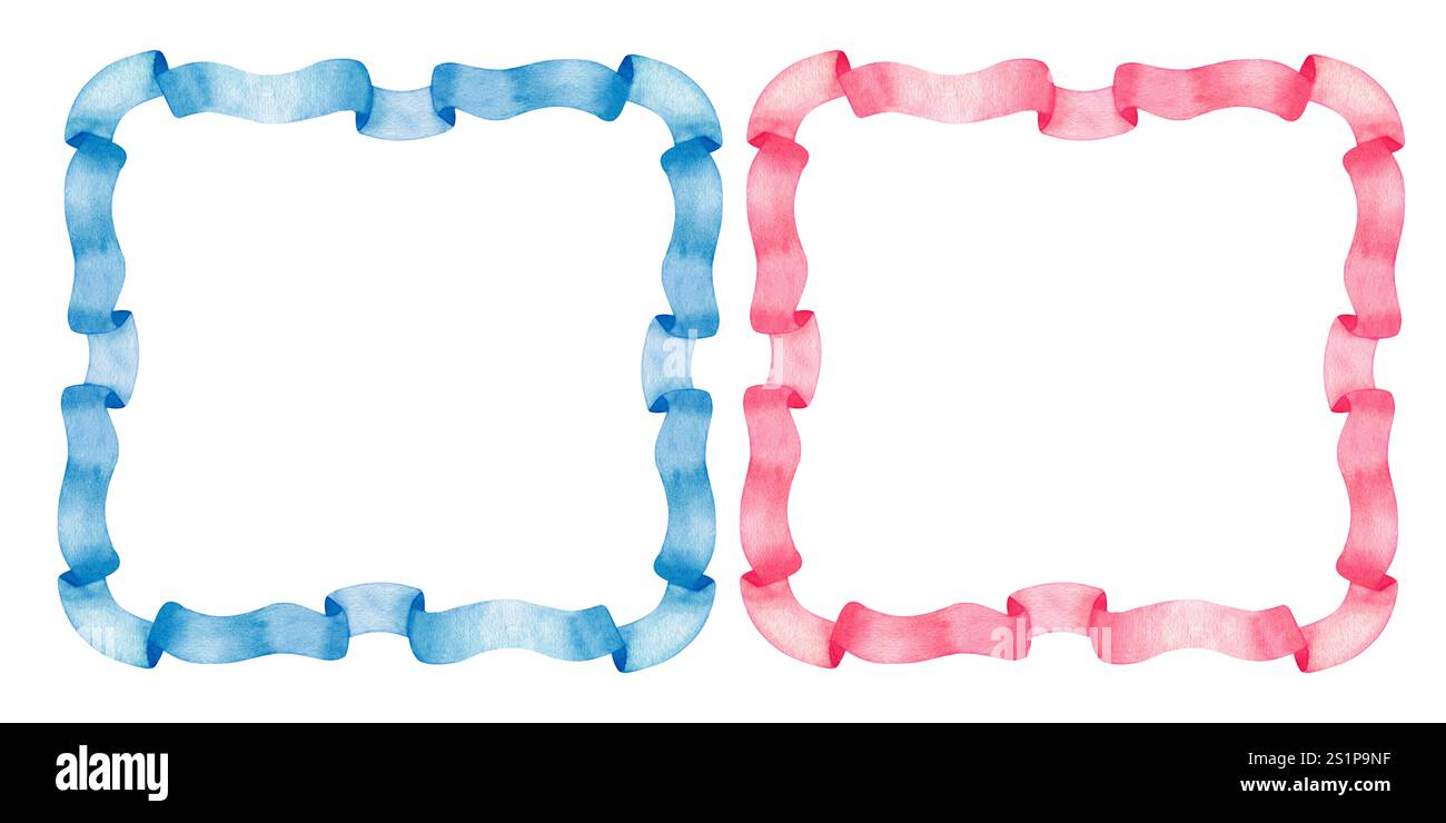 Blue pink frame of vintage ribbon square border banner. For gender ...