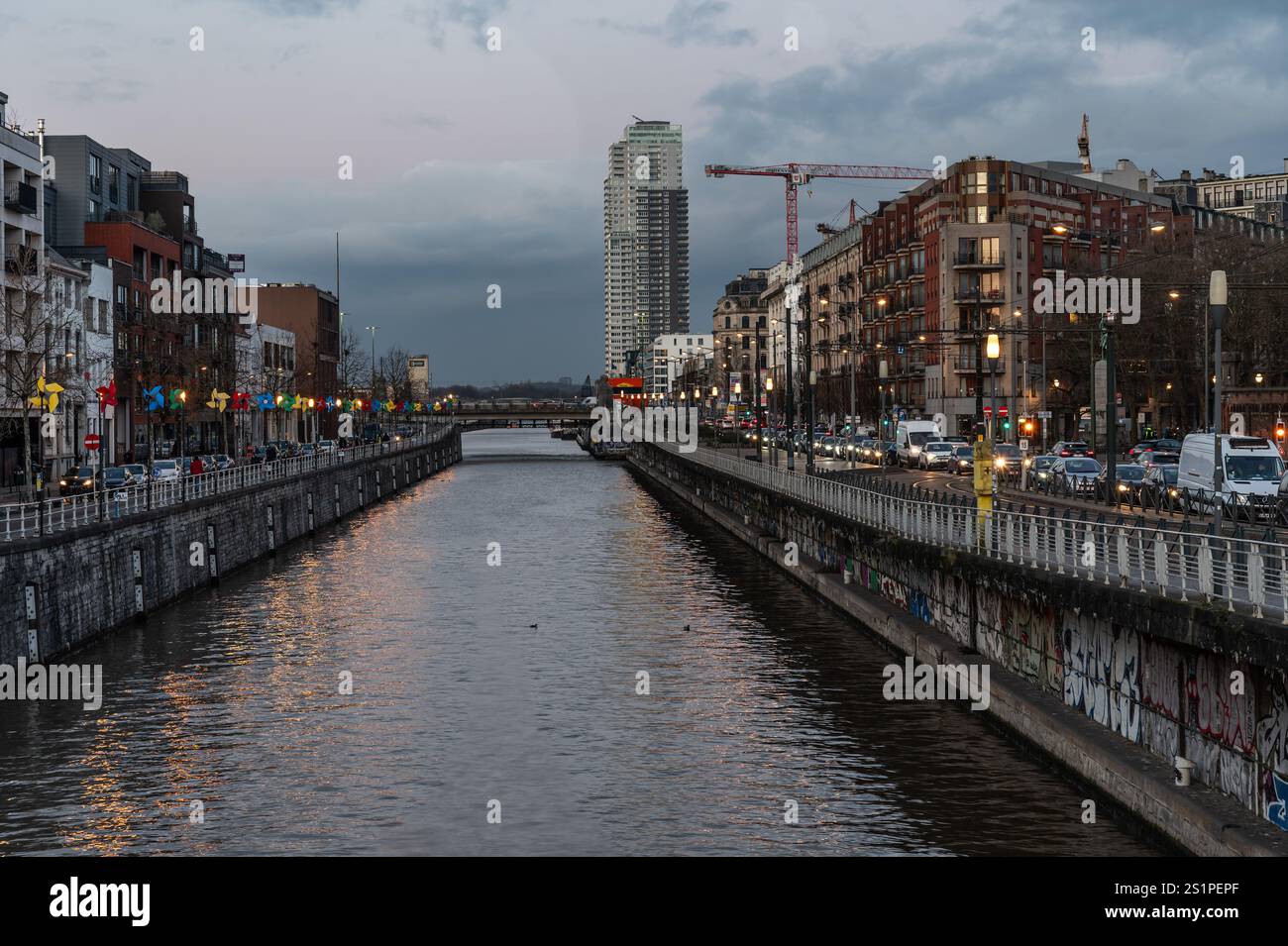 Bridge view over the canal at dusk, Brussels Old Town, Belgium, JAN 3 ...