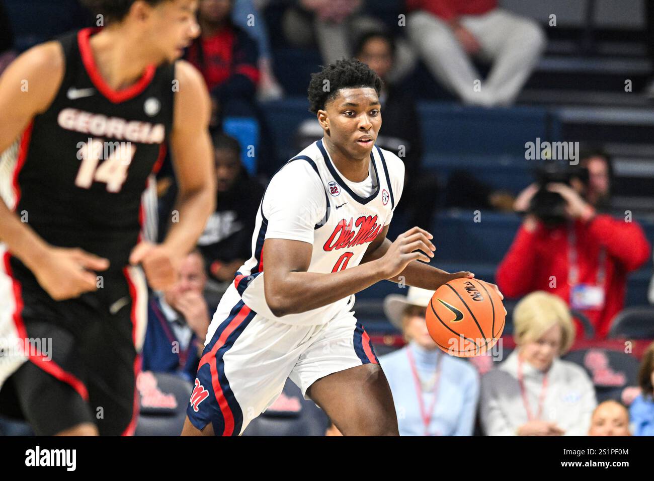 Mississippi forward Malik Dia (0) dribbles against Georgia during the ...